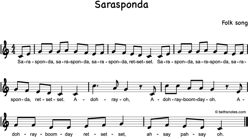 Sarasponda Beth's Notes Songs + Resources