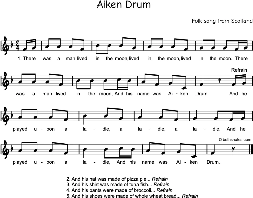 Aiken Drum Beth's Notes Songs + Resources