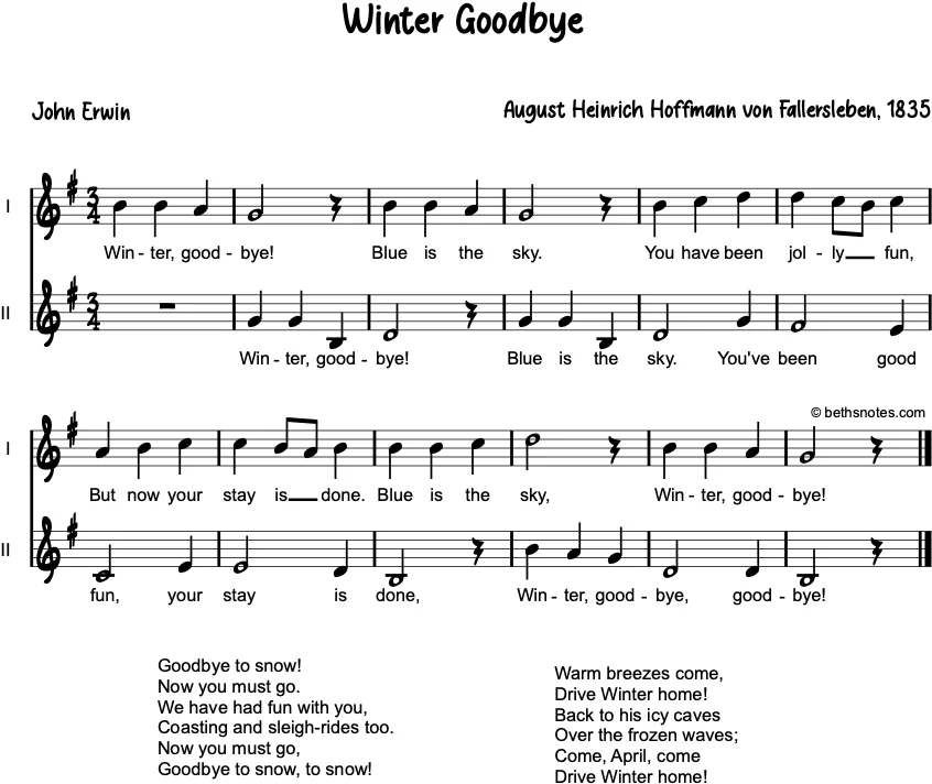 Winter Goodbye Beth's Notes Songs + Resources
